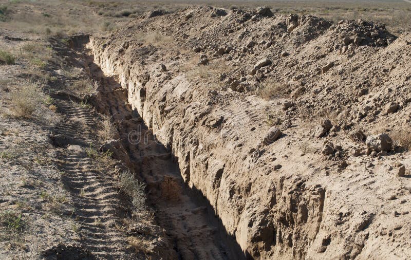 Long Earthen Trench Dug To Lay Pipe. Stock Image - Image of digger ...