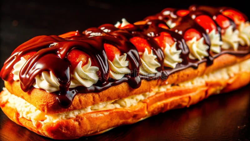 A Long Eclair with Chocolate Icing and Whipped Cream on Top Stock ...
