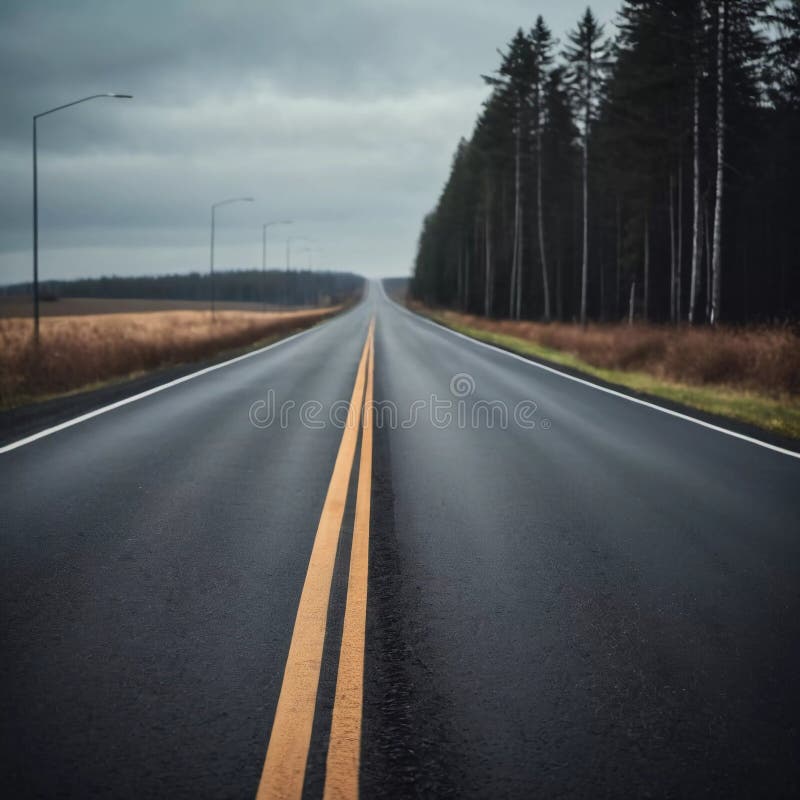A Long, Empty Asphalt Road Stretches into the Distance, Flanked by Tall ...