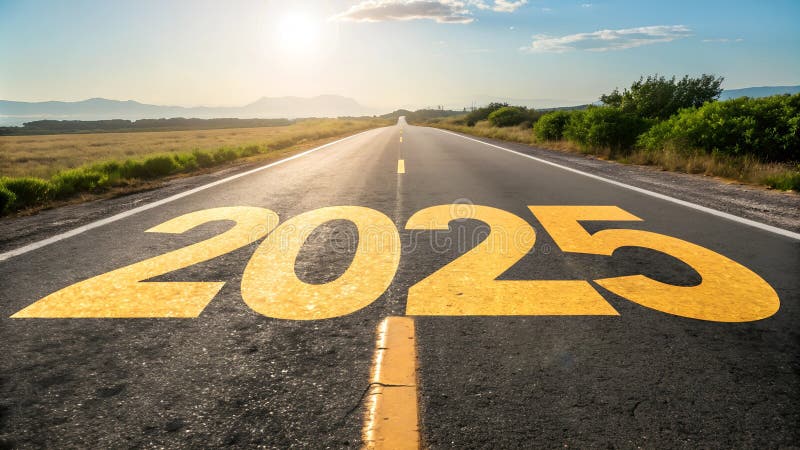 A Long, Empty Asphalt Road with the Yellow Numbers 2025 Written on it ...