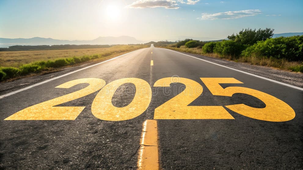 A Long, Empty Asphalt Road with the Yellow Numbers 2025 Written on it ...