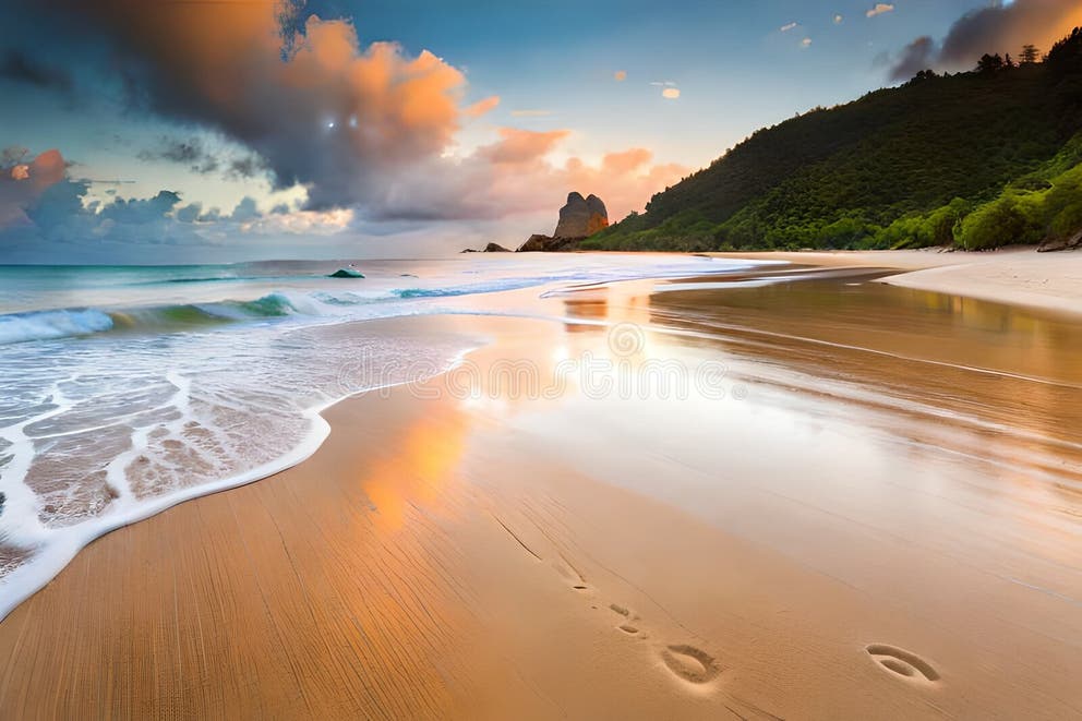 Long and Empty Beach with Footprints Stock Photo - Image of beautiful ...