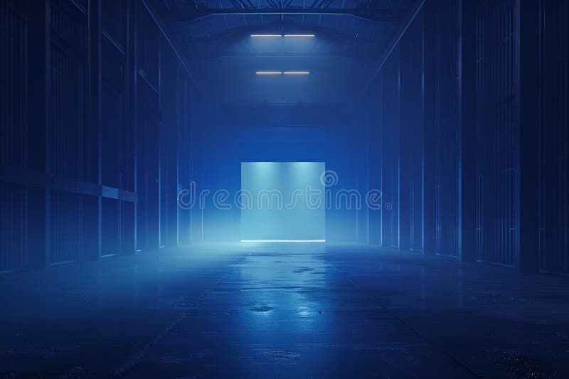 A Long, Empty, Blue Hallway with a Bright Blue Light Shining Down on it ...