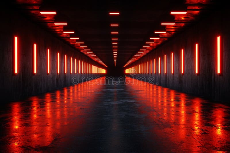 Long Empty Concrete Corridor with High Ceiling, Illuminated by Red Neon ...