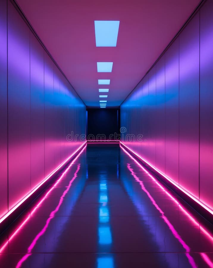 Long Empty Corridor Bathed in Vibrant Neon Lights with Copy Space for ...