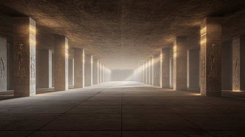 A Long, Empty Corridor with a High Ceiling and Stone Columns ...