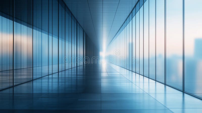 A Long Empty Corridor with Large Floor-to-ceiling Windows , an Office ...