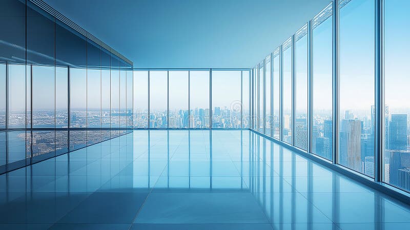 A Long Empty Corridor with Large Floor-to-ceiling Windows , an Office ...