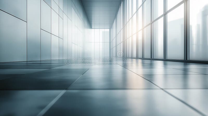 A Long Empty Corridor with Large Floor-to-ceiling Windows , an Office ...
