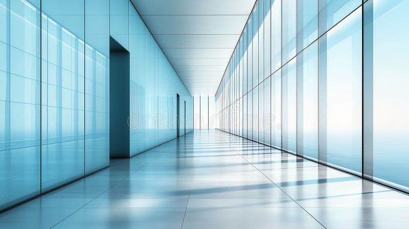 A Long Empty Corridor with Large Floor-to-ceiling Windows , an Office ...