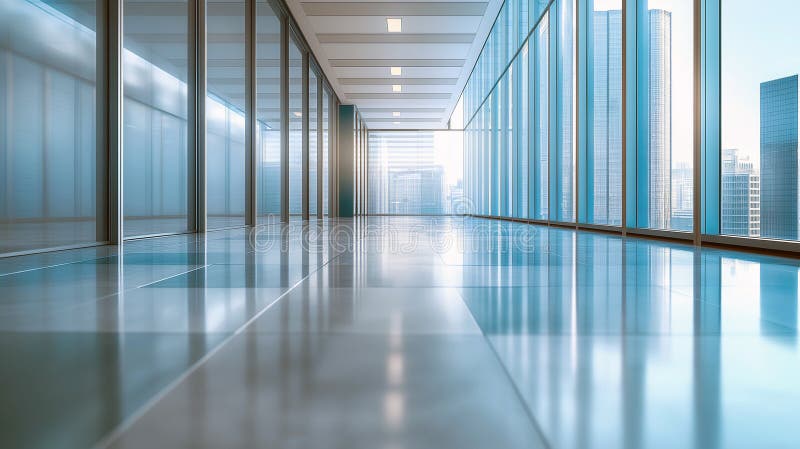 A Long Empty Corridor with Large Floor-to-ceiling Windows , an Office ...