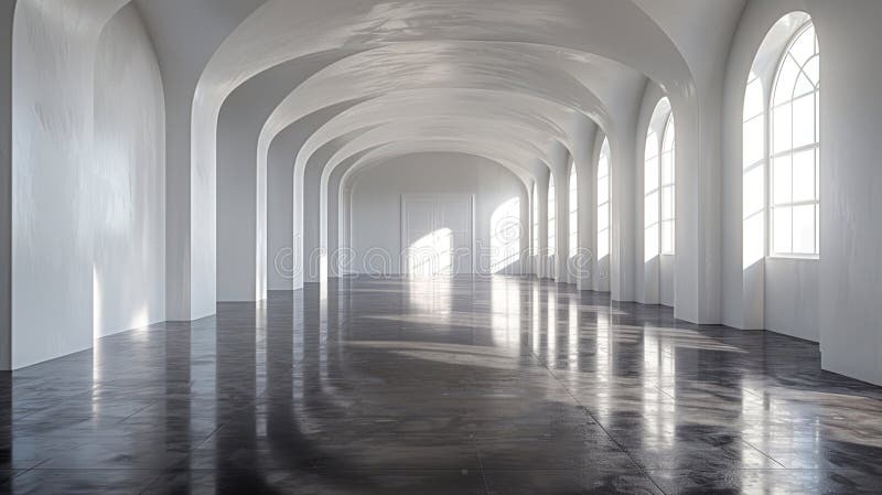 A Long, Empty Hall with Arched Ceilings and Large Windows, Reflecting ...