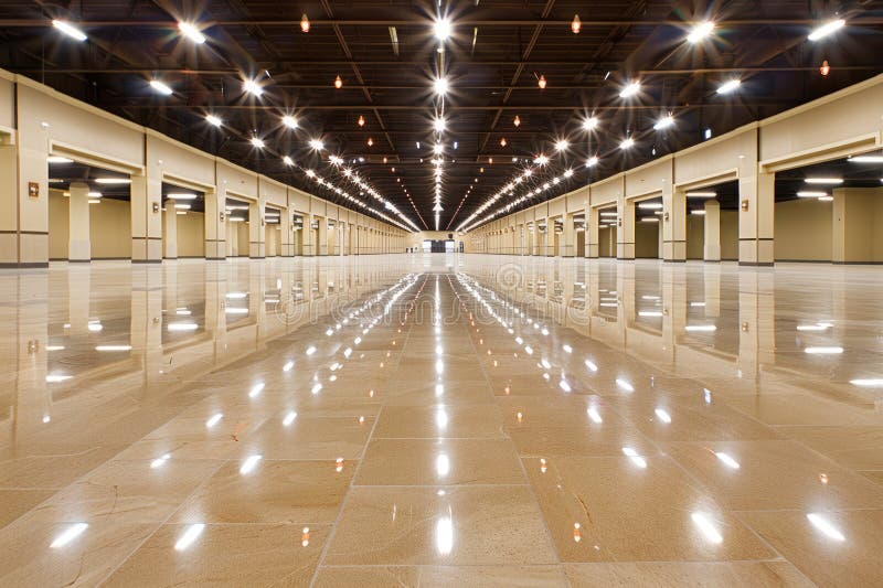 A Long, Empty Hallway with a Glossy Tile Floor and Bright Overhead ...