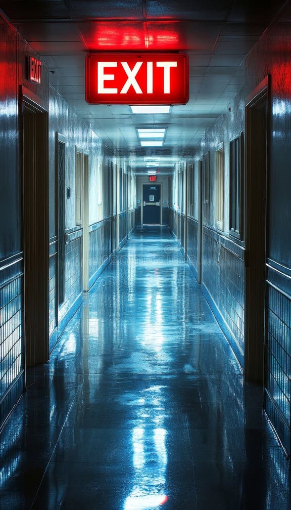 Long, Empty Hallway with Glowing Exit Sign in Blue, Evoking an Eerie ...