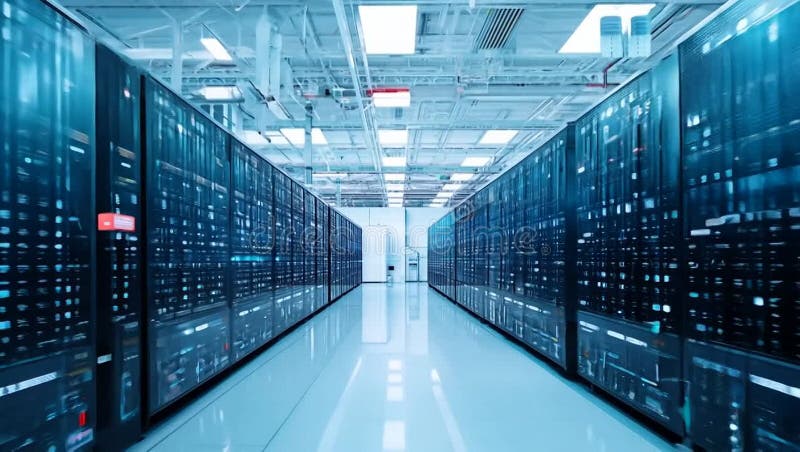 A Long, Empty Hallway in a Server Room, Lined with Rows of Servers with ...