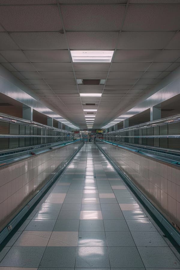 A Long Empty Hallway with Tiled Floors and Ceiling Lights. Suitable for ...