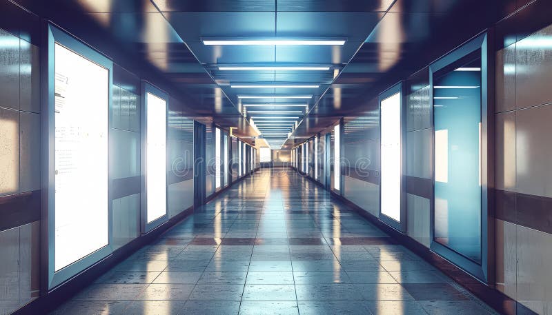 Long, Empty Hallway with White Walls and Blue Lights Stock Image ...