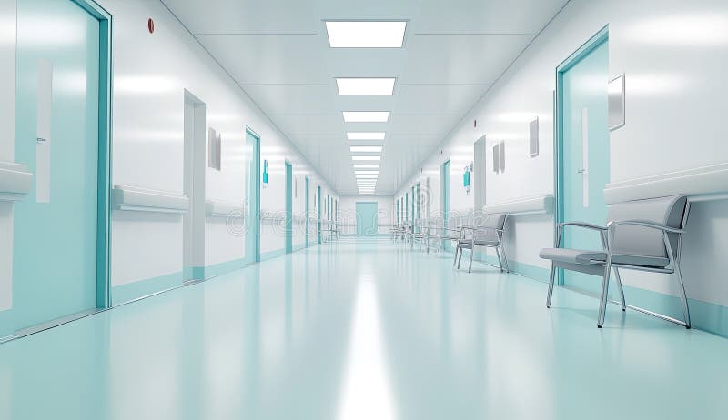 A Long, Empty Hospital Hallway Featuring Chairs and Multiple Doors ...