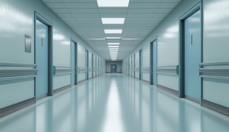 A Long, Empty Hospital Hallway Featuring Chairs and Multiple Doors ...
