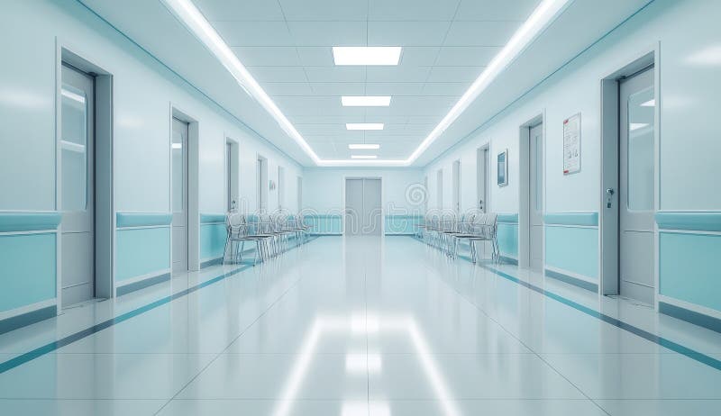 A Long, Empty Hospital Hallway Featuring Chairs and Multiple Doors ...