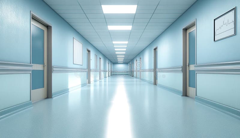 A Long, Empty Hospital Hallway Featuring Chairs and Multiple Doors ...
