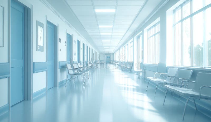 A Long, Empty Hospital Hallway Featuring Chairs and Multiple Doors ...