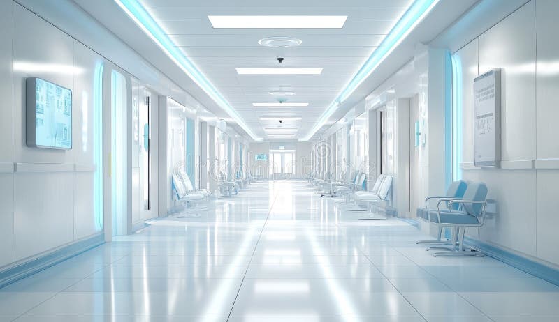 A Long, Empty Hospital Hallway Featuring Chairs and Multiple Doors ...