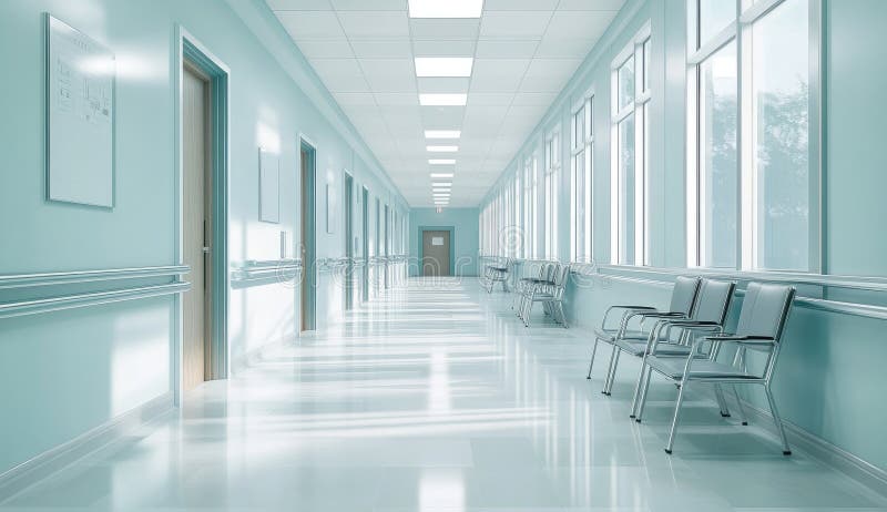 A Long, Empty Hospital Hallway Featuring Chairs and Multiple Doors ...