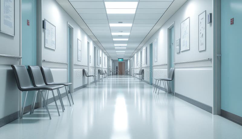 A Long, Empty Hospital Hallway Featuring Chairs and Multiple Doors ...