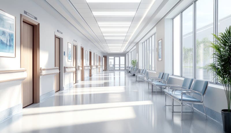 A Long, Empty Hospital Hallway Featuring Chairs and Multiple Doors ...