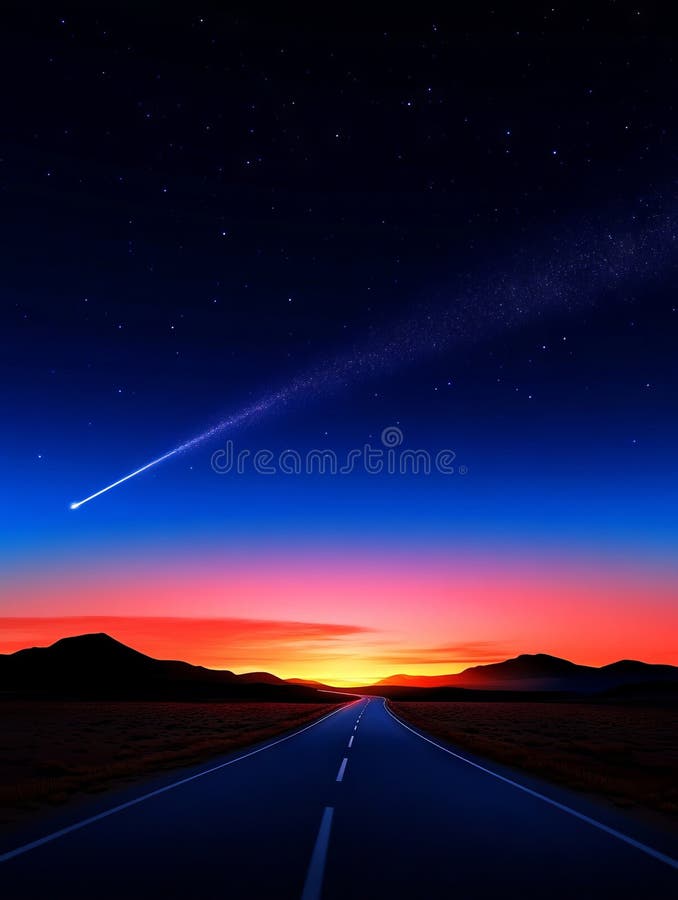 A Long Empty Road in the Middle of a Desert at Night Stock Photo ...