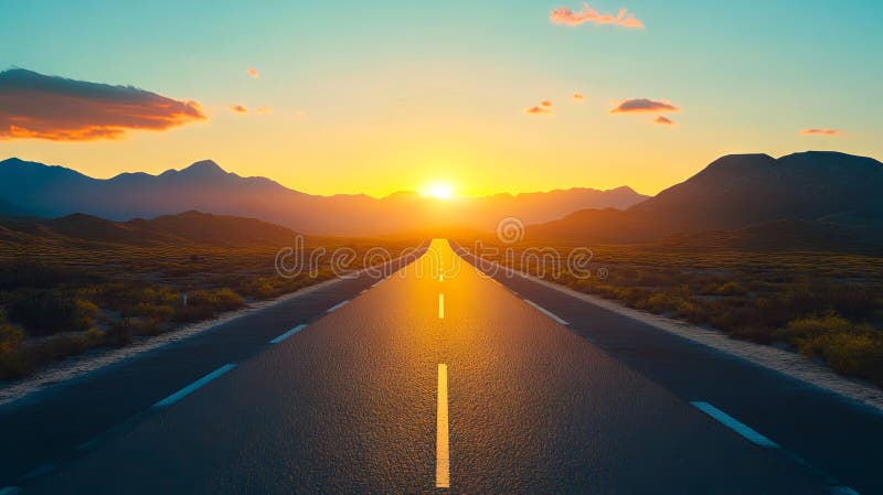 A Long Empty Road in the Middle of a Desert at Sunset Stock Photo ...