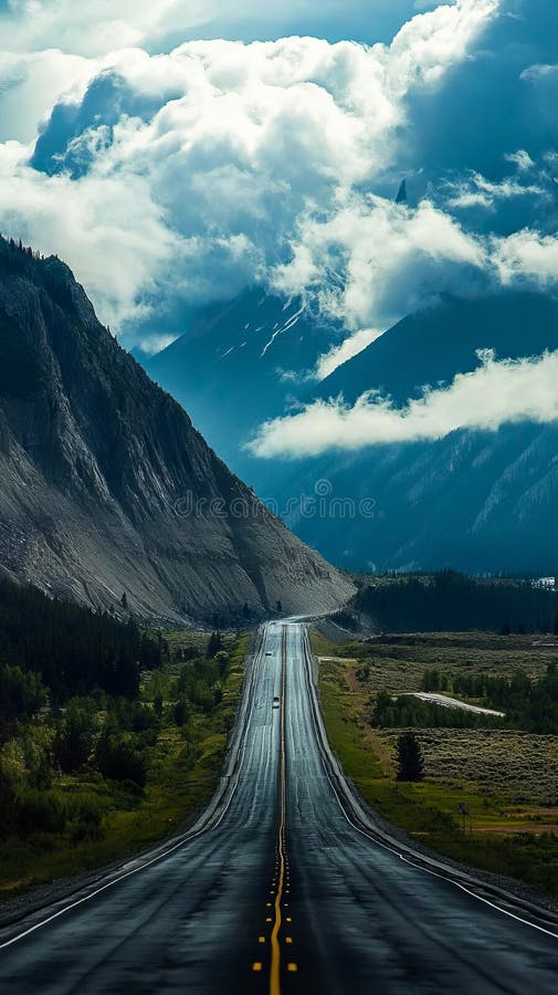 A Long Empty Road in the Middle of a Mountain Range Stock Image - Image ...