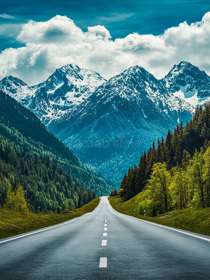 A Long Empty Road in the Middle of a Mountain Range Stock Image - Image ...