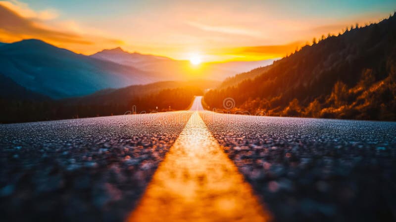 A Long Empty Road in the Middle of a Mountain Range at Sunset Stock ...