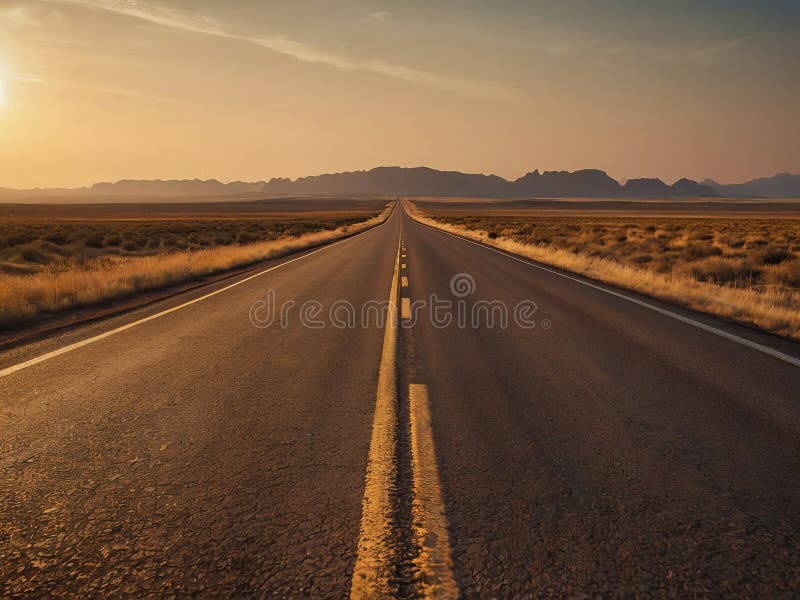 Long Empty Road Stretching into the Horizon Under a Golden Sunset Stock ...