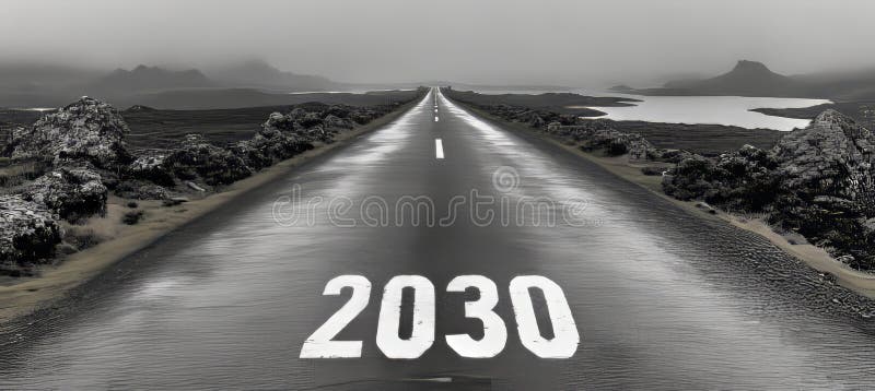 Long Empty Road Stretching Towards the Future with the Year 2030 ...