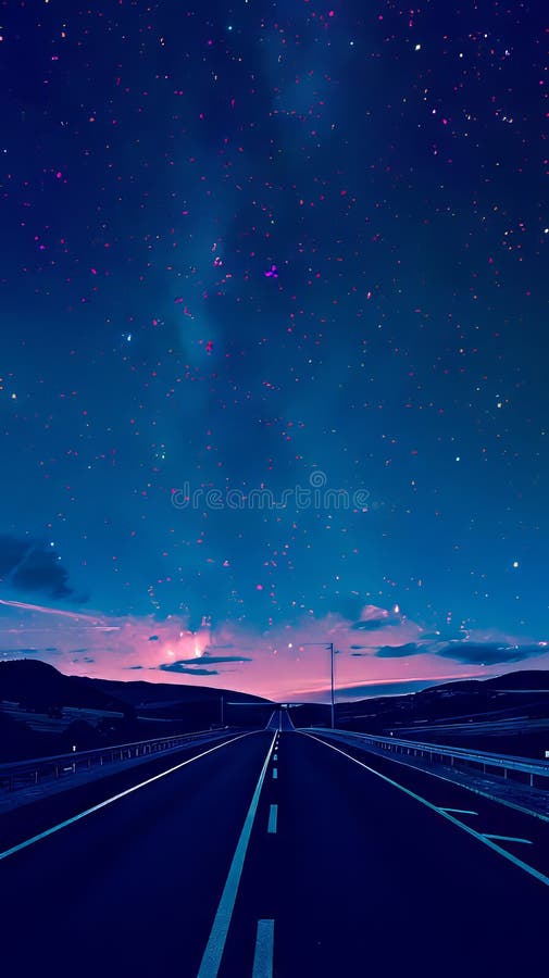 A Long Empty Road Under a Starry Sky at Night Stock Image - Image of ...
