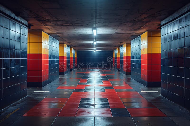 A Long, Empty, Empty Room with Red and Yellow Tiles Stock Image - Image ...