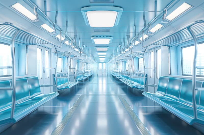 A Long Empty Train Car with Blue Seats. Suitable for Transportation ...