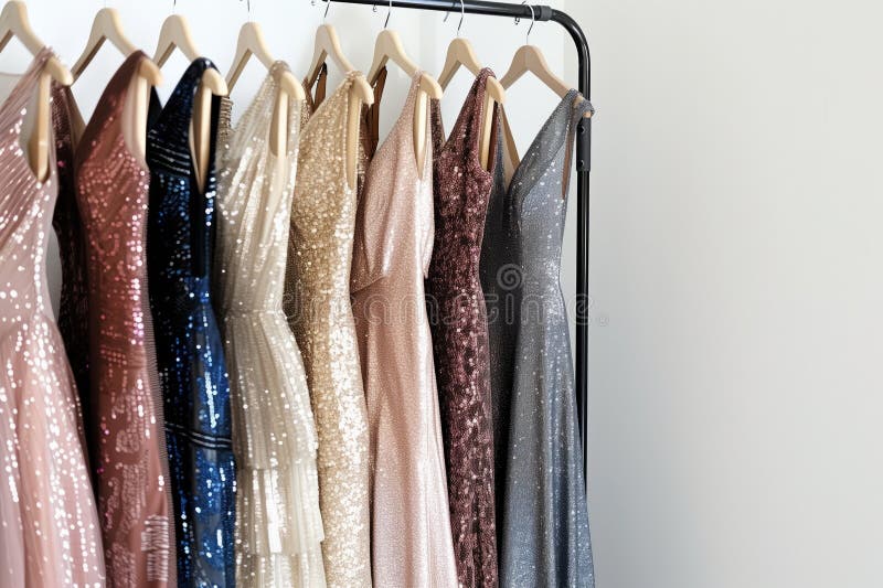 Long Evening Gowns on a Rack Against a White Wall, Some with Sequins ...