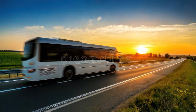 Long Exposure of a Bus Driving on the Highway at Sunset. Side View ...