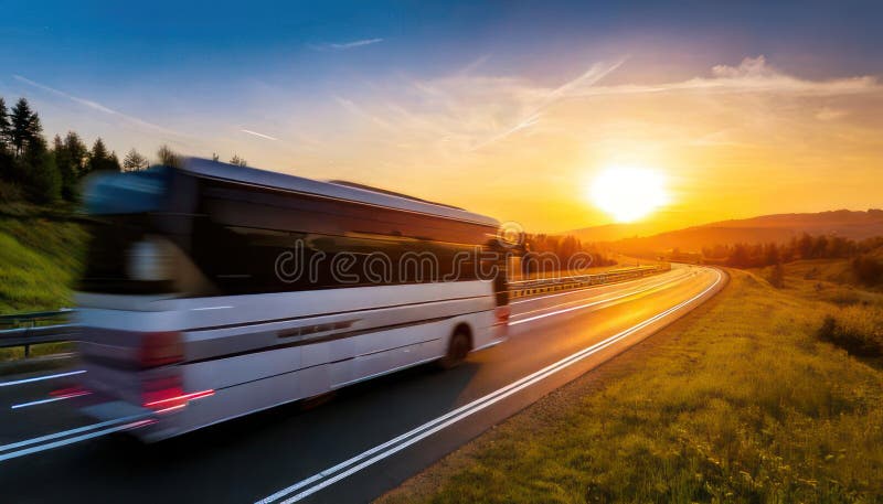 Long Exposure of a Bus Driving on the Highway at Sunset. Side View ...