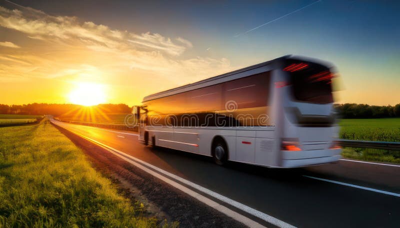 Long Exposure of a Bus Driving on the Highway at Sunset. Side View ...