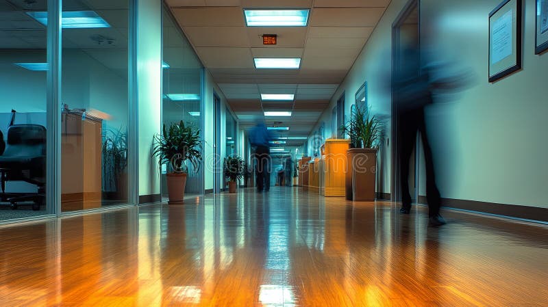 Long Exposure of a Busy Office Hallway with Blurred Figures Moving ...
