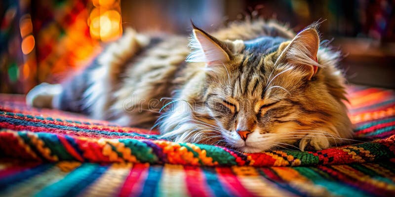 A Long Exposure Captures a Relaxed Cat Napping on a Vibrant Woven Rug ...