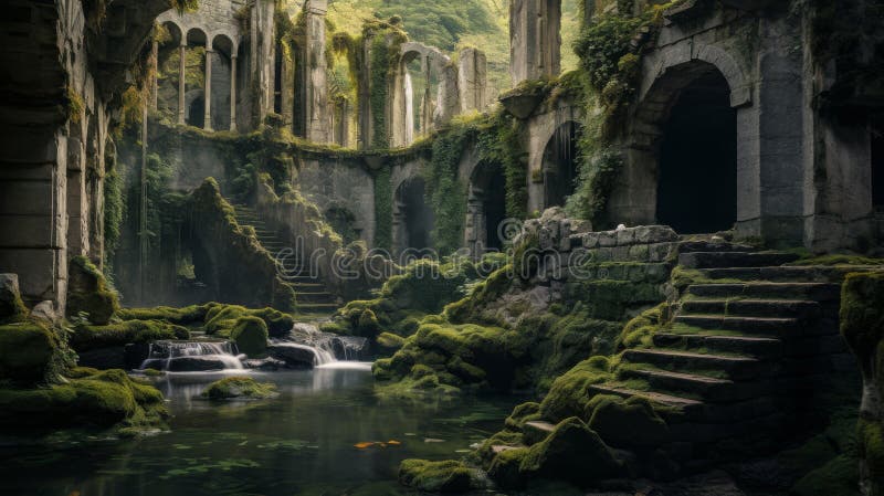 Long Exposure Captures Waterfall among Ancient Castle Ruins Stock ...