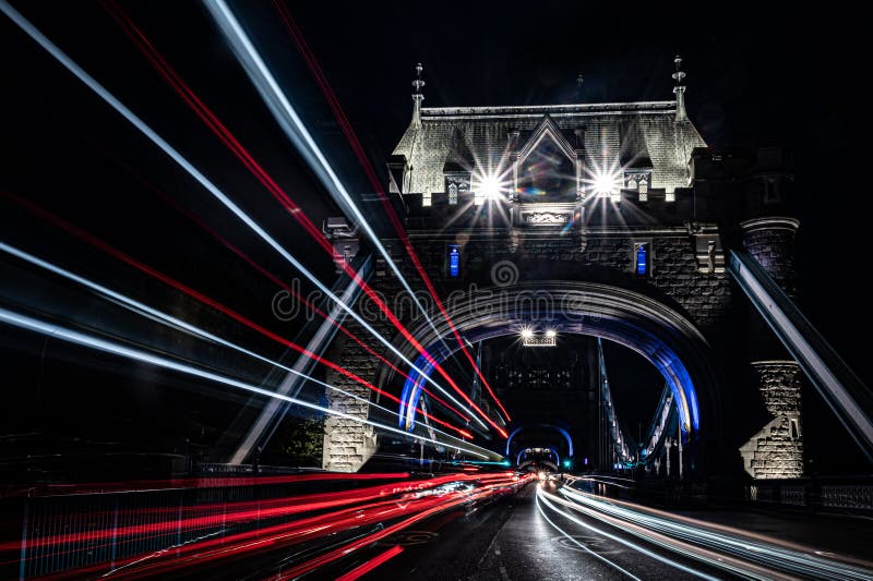 Long Exposure of Car and Bus Lights through Tower Bridge, London, UK ...