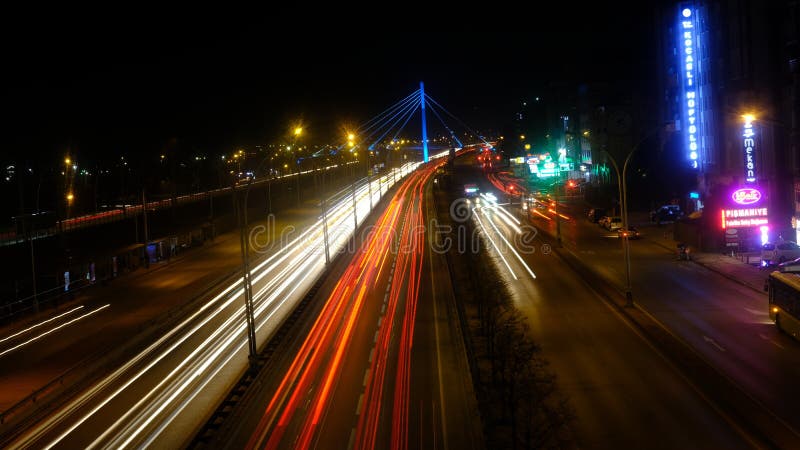 Long Exposure of Car Light Trails on the Road at Night Editorial ...