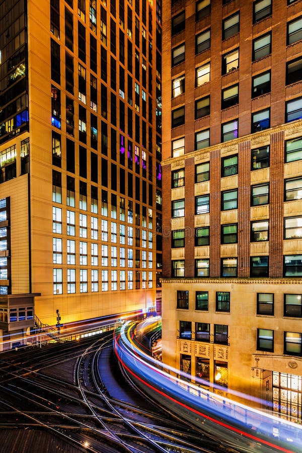 Chiicago L at Night stock image. Image of fast, facade - 354856765